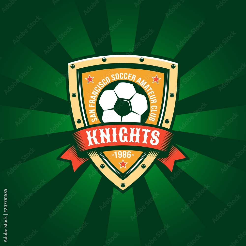 Football color logo template with a classic soccer ball, shield and ...