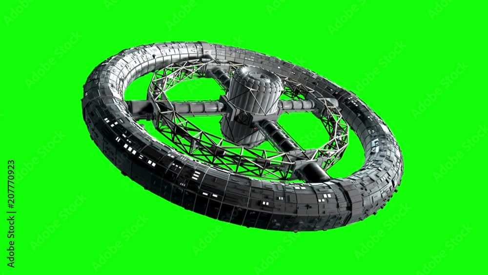 Circular space station. Giant sci-fi torus rotate on green screen, 3d ...