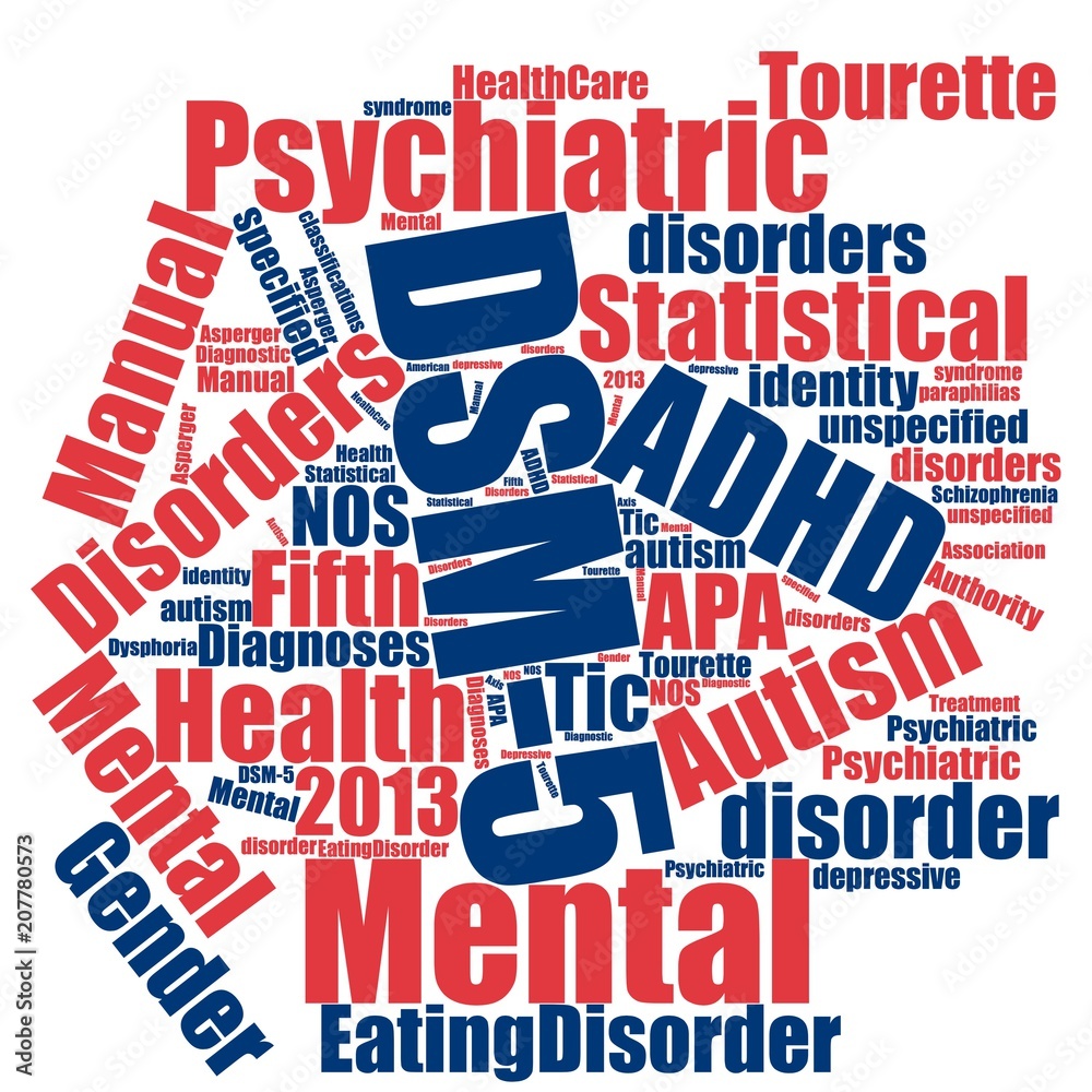 DSM- 5 word cloud concept - Mental Health background red and blue Stock ...