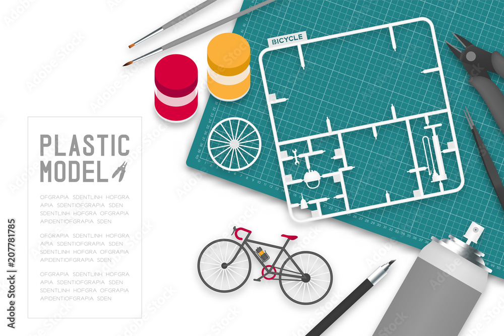 Plastic model with tool kit on cutting mat, bicycle concept design ...