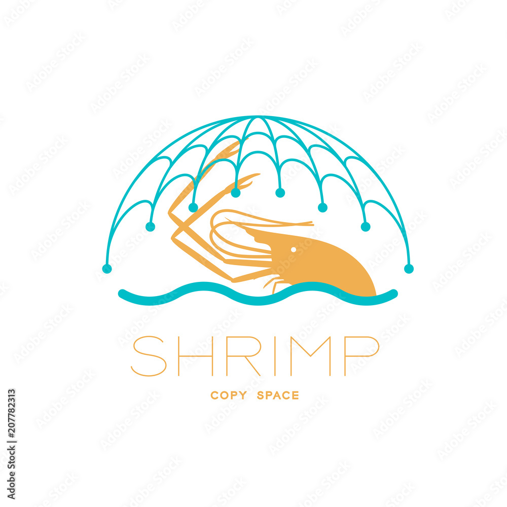 Prawn and sea in Fishing net curve frame, logo icon set design ...