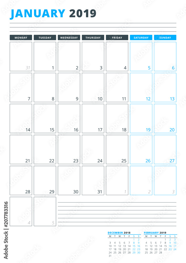 Calendar Template for January 2019. Business Planner Template ...