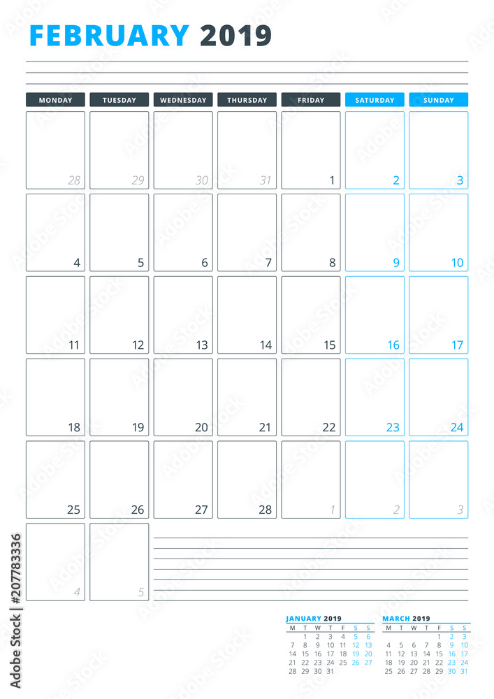 Calendar Template for February 2019. Business Planner Template ...
