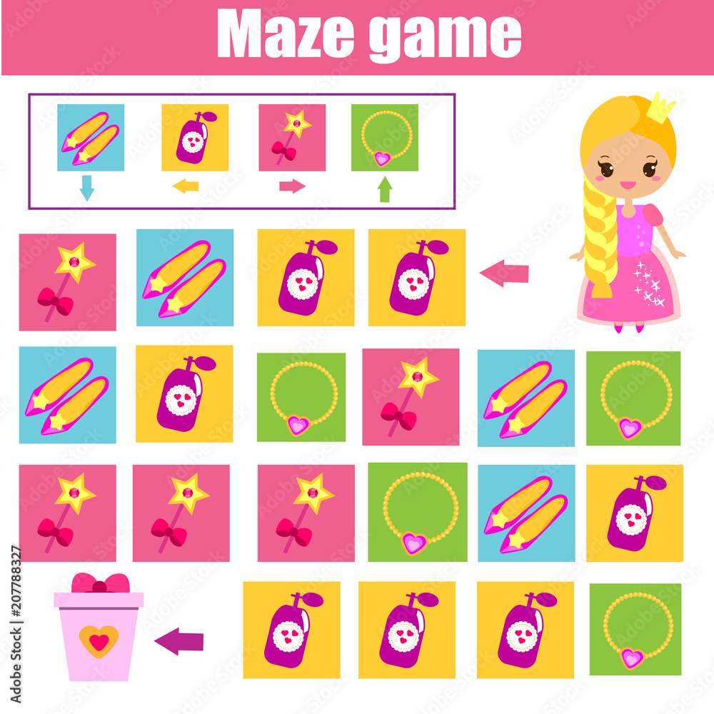 Maze children game: help princess find way. Kids activity sheet. Logic ...