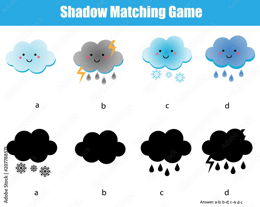 Shadow matching game. Kids educational activity with cute clouds ...