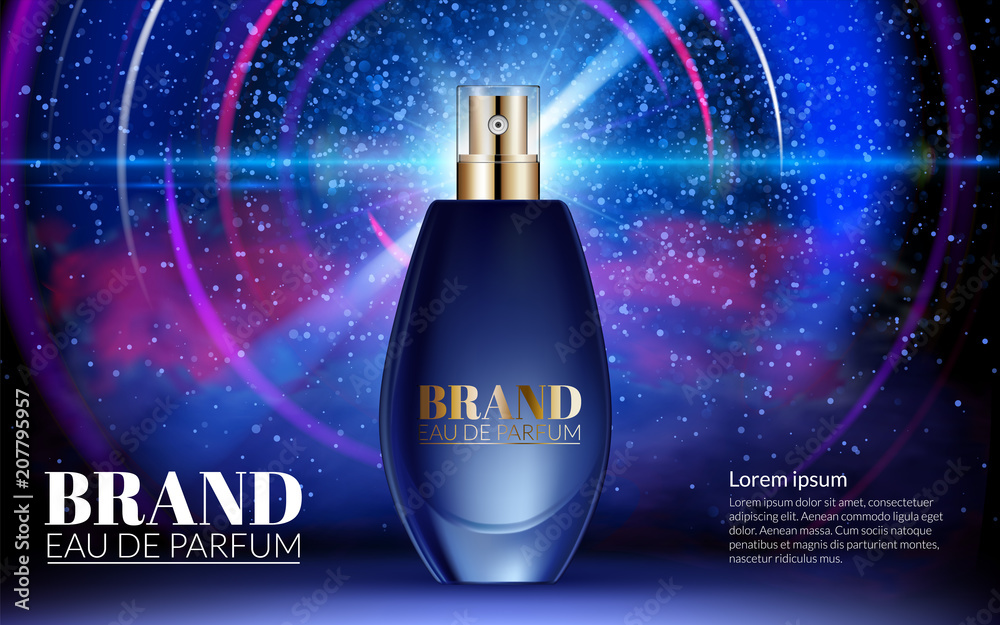 Classic Perfume Contained in Glass Bottle Poster Ads Mock up Blue Blur ...