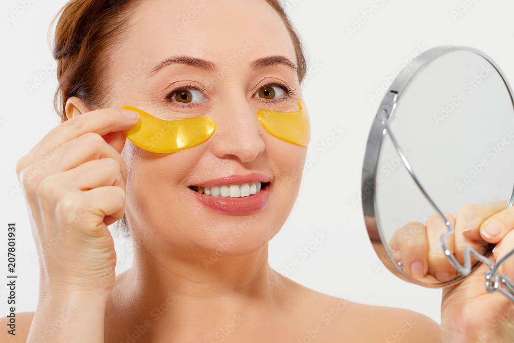 Wrinkle Macro female face. Beauty portrait of middle age woman with ...