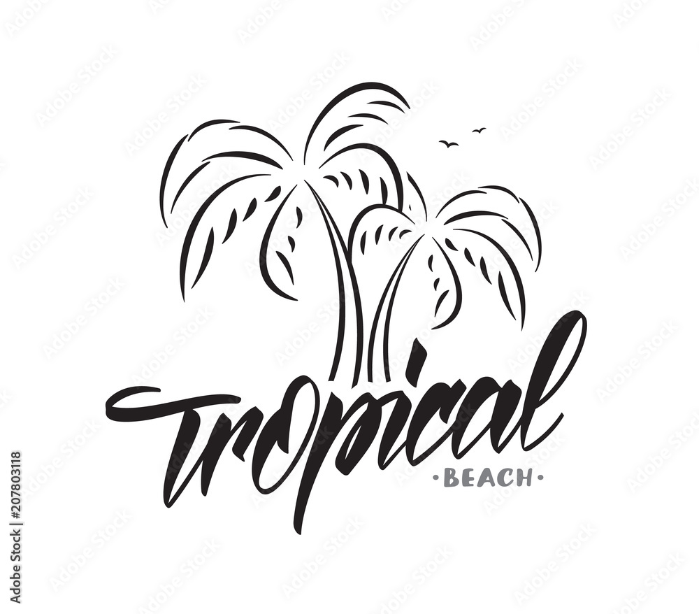 Vector lettering typography design of Tropical beach with palm trees on ...