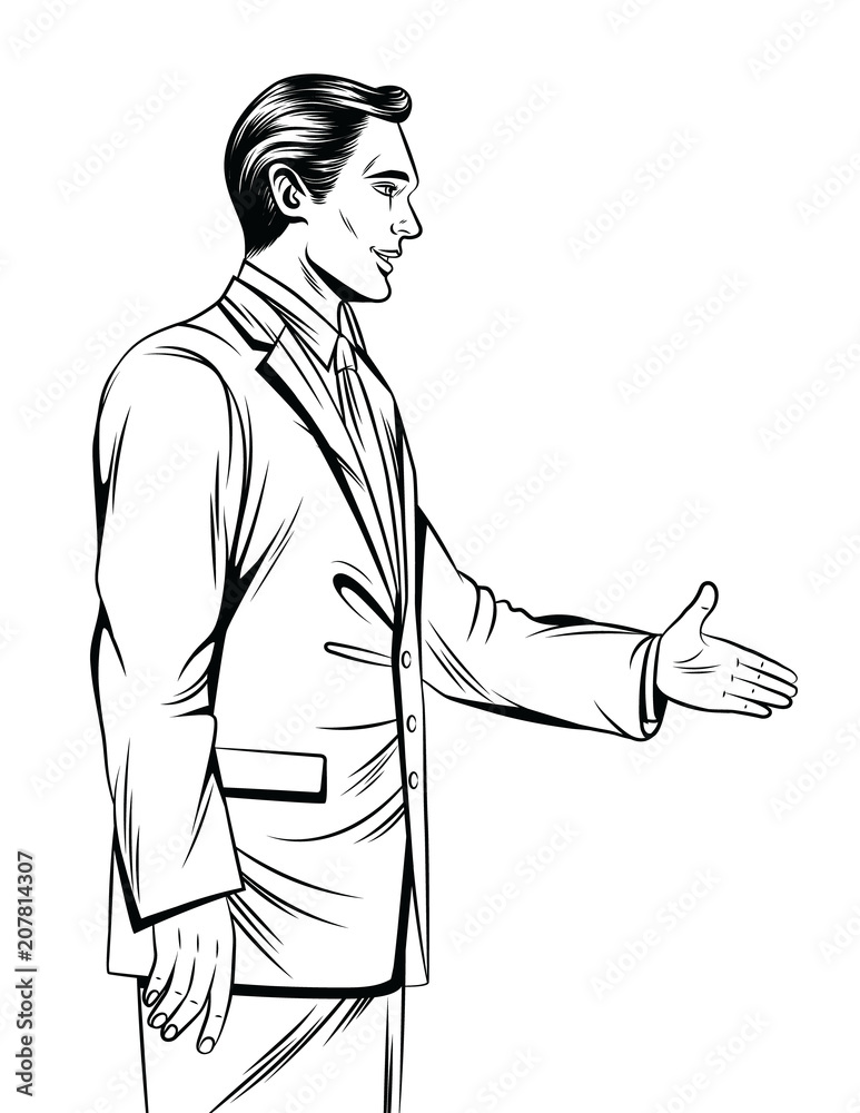 Vector black and white line art illustration of an office man handshake ...