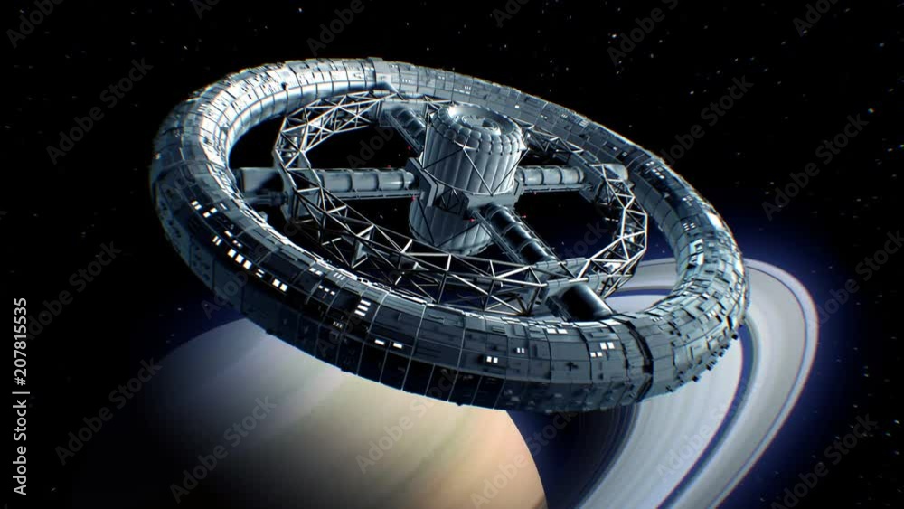 Circular space station. Giant sci-fi torus rotate on Saturn background, 3d animation. Texture of ...