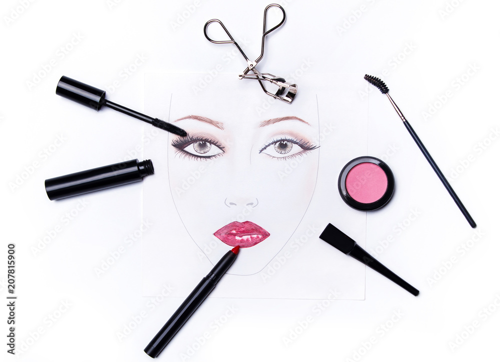 Face chart and different makeup objects and cosmetics Stock-Foto ...