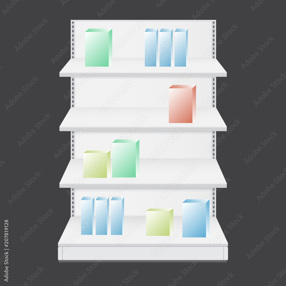 Retail shelves front view Products. Shelf supermarket mockup vector ...