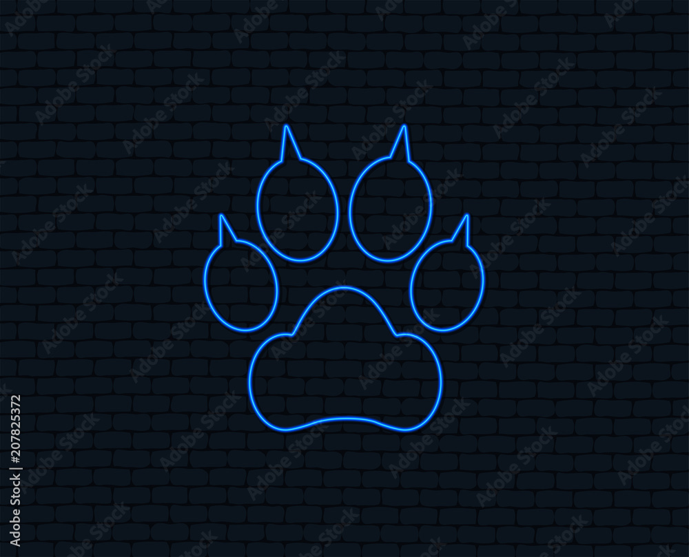 Neon light. Dog paw with clutches sign icon. Pets symbol. Glowing ...