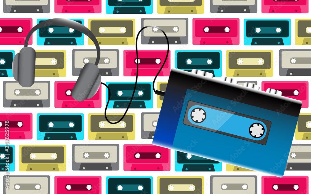 Blue old retro vintage hipster realistic portable music cassette audio ...