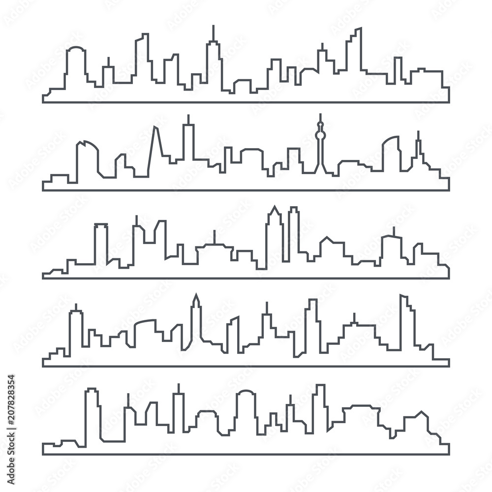 Skyline city. Building line of town. Outline urban vector cityscape set ...