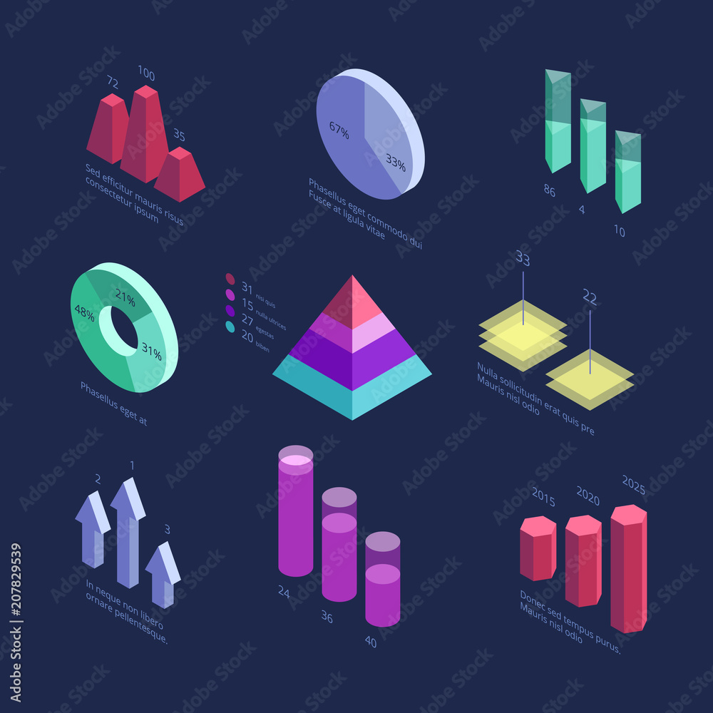 Isometric 3d business statistics data charts, percentage diagram ...