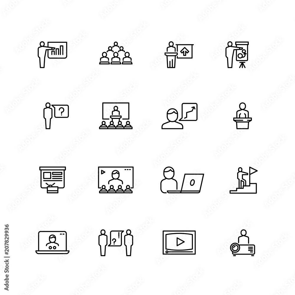 Presentation and conference symbols. Training and learning line icons ...