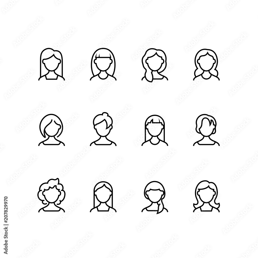 Woman face line icons. Female profile outline symbols with different ...