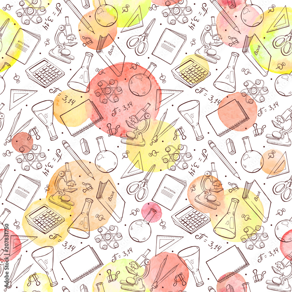 School doodle background with watercolor circles. Vector seamless ...