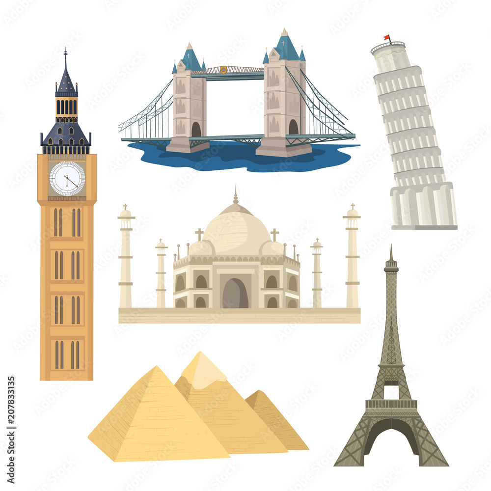 Set of famous world landmarks in flat style. Historical monuments and ...