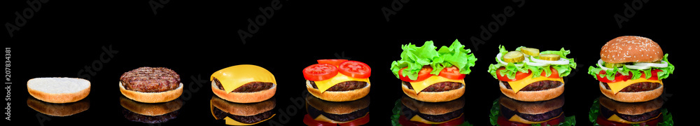 Process making of burger, step by step isolated on black background ...