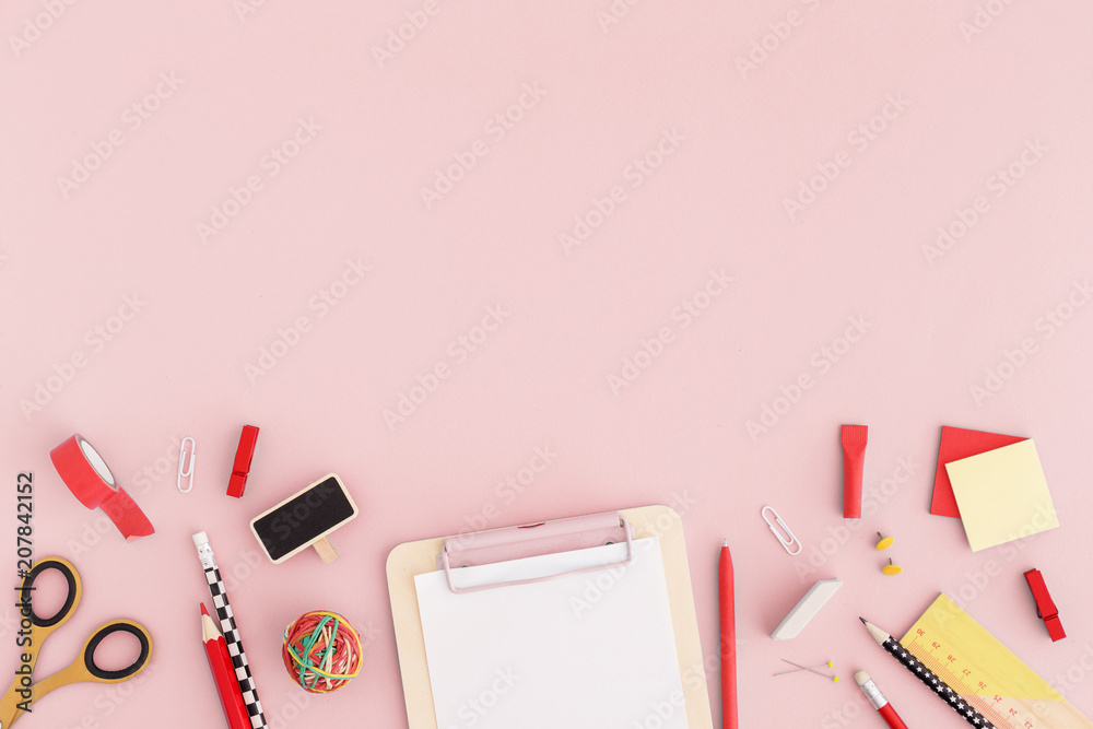 School flat lay design template.. Back to school concept blue supplies ...