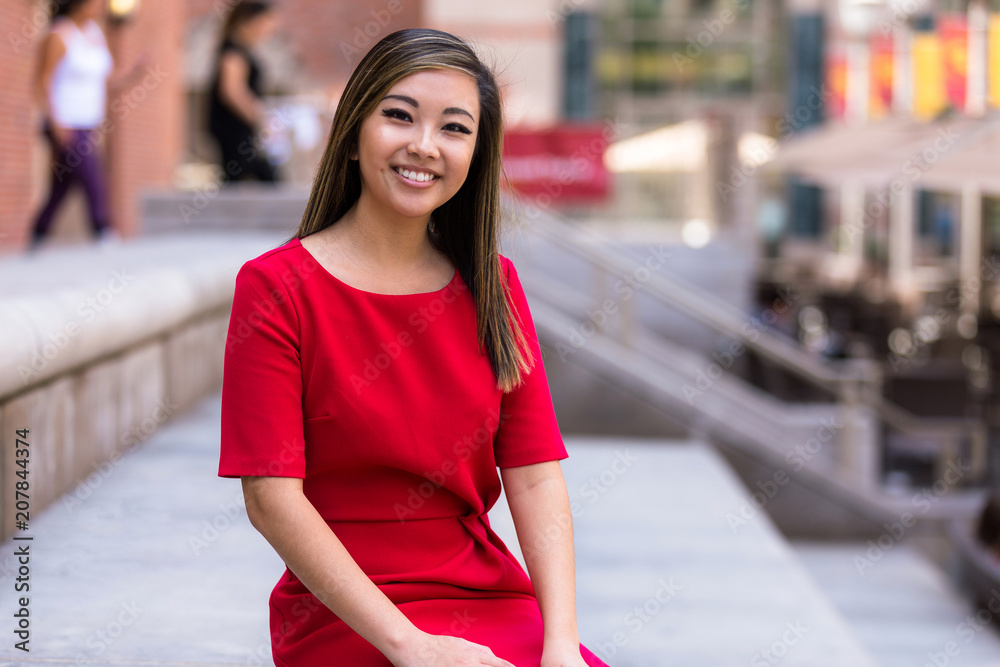 Cute smart beautiful asian chinese american student outdoor on campus ...