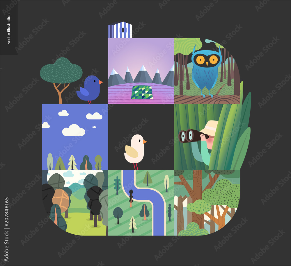Simple things - forest set on a black background - flat cartoon vector ...