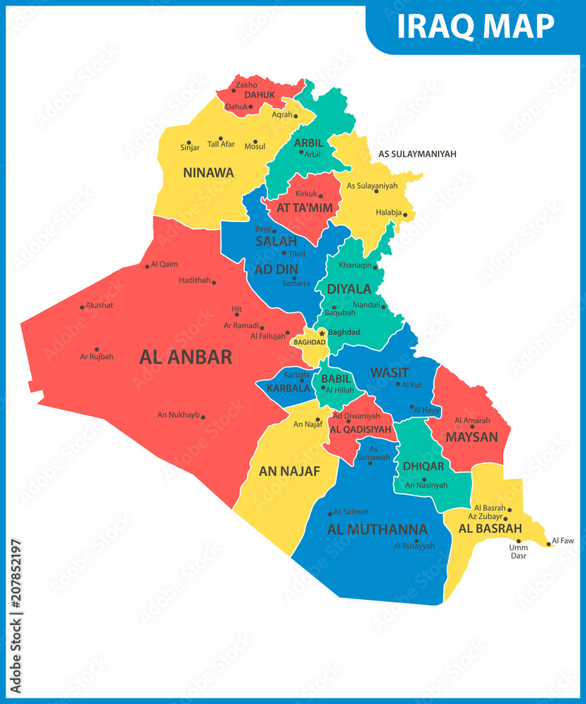 The detailed map of Iraq with regions or states and cities, capital ...