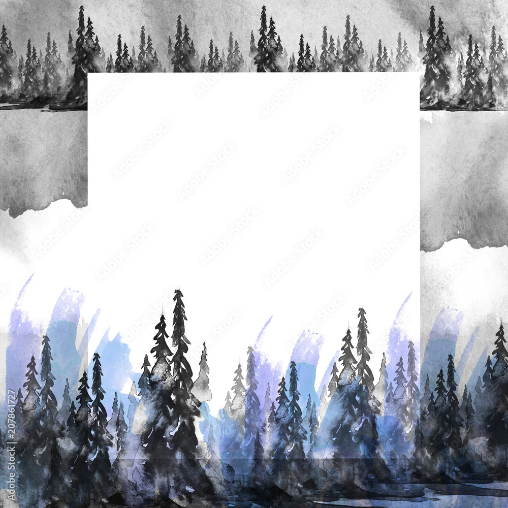 Watercolor group of trees - fir, pine, cedar, fir-tree. Blue ...