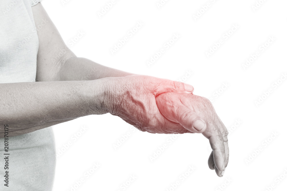 Old hand pain on wrist isolated white background,Muscle weakness and ...