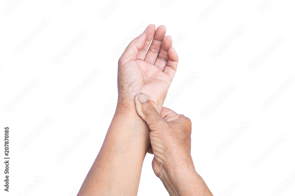 Old hand pain on wrist isolated white background,Muscle weakness and ...