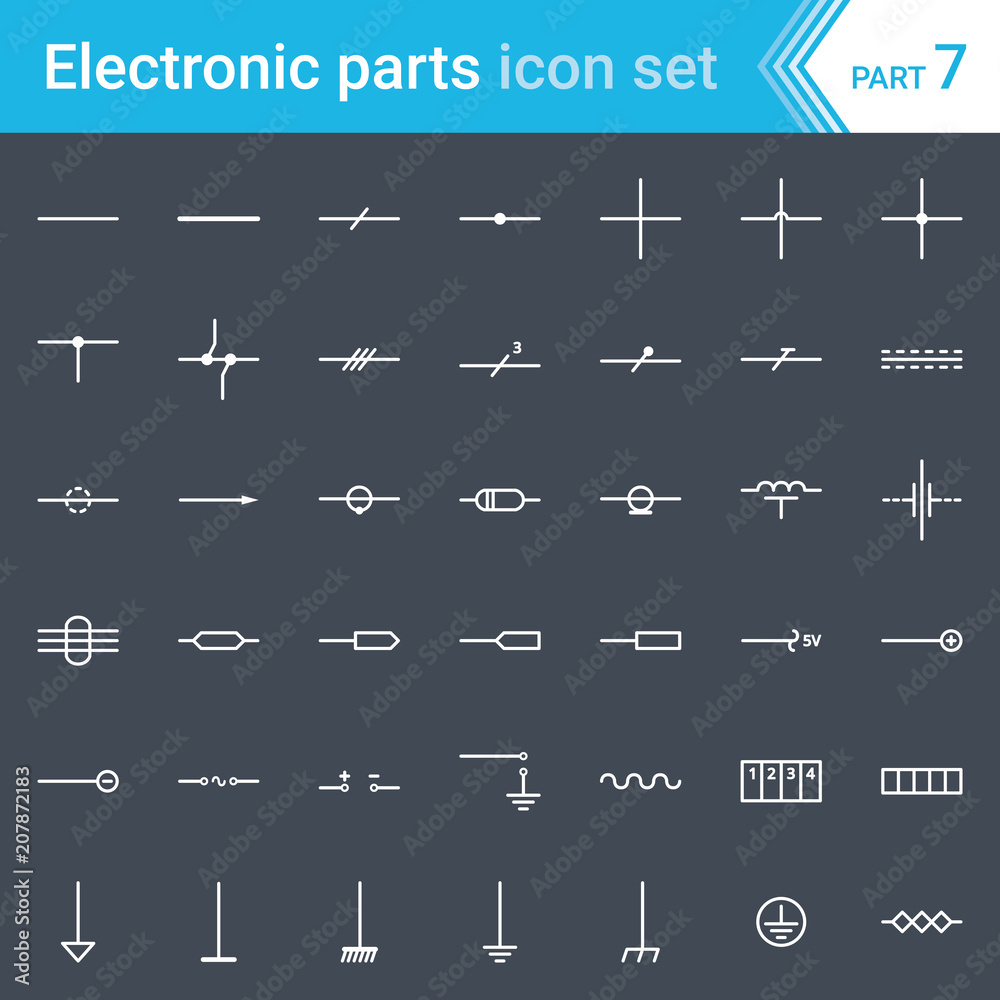 Electric and electronic icons, electric diagram symbols. Lines, wires ...