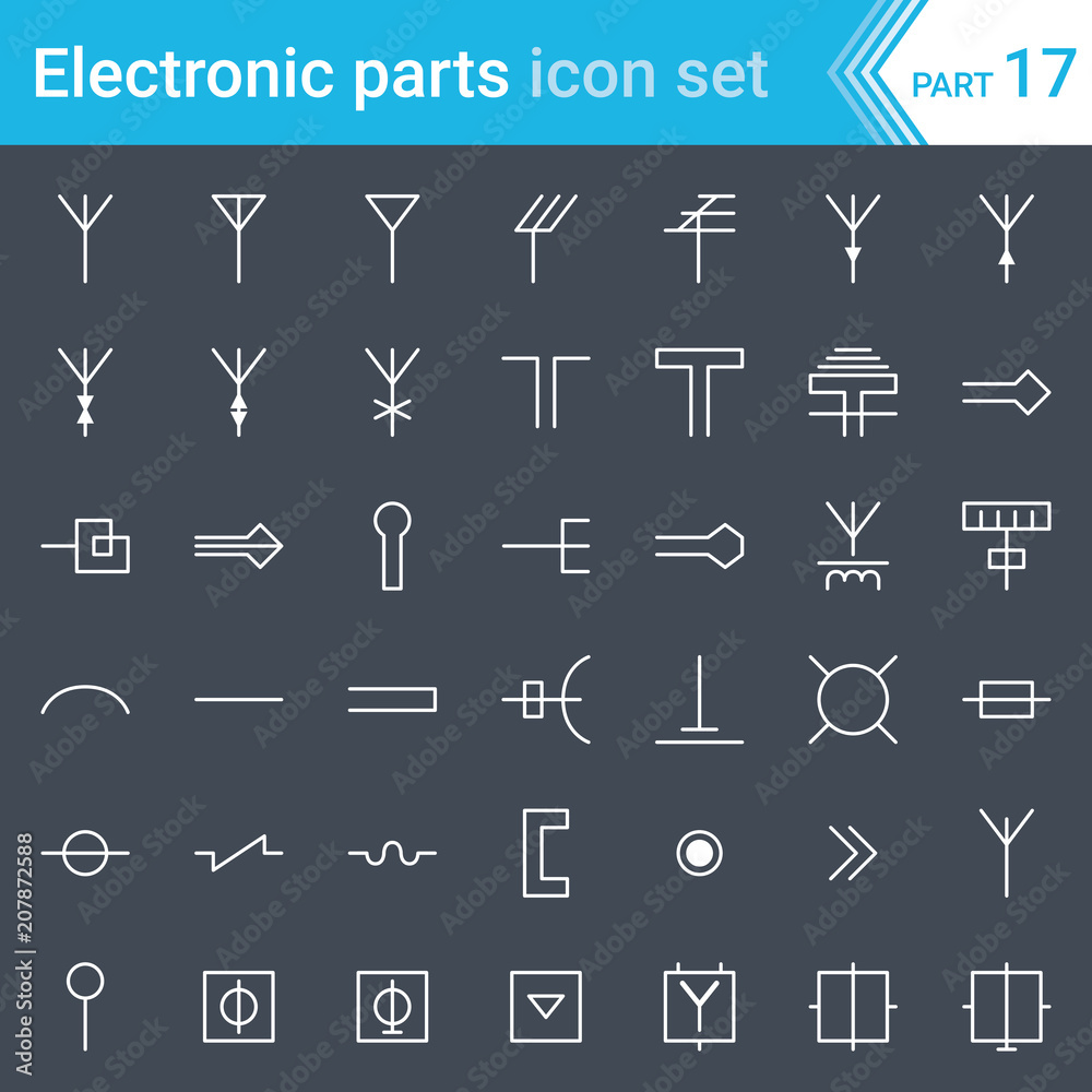 Electric and electronic icons, electric diagram symbols. Antennas ...