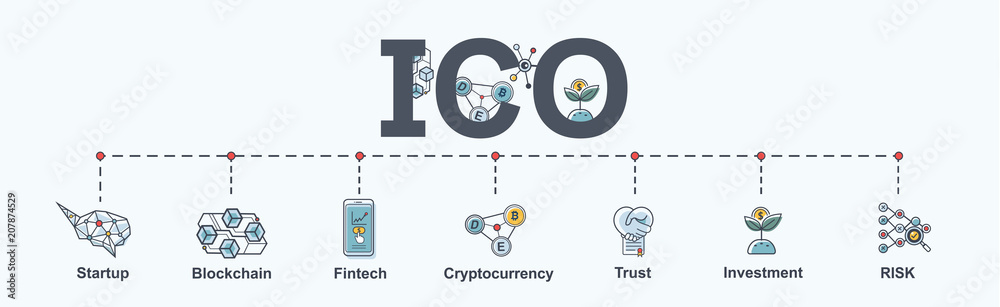 ICO (Initial Coin Offering) infographic web banner icon. Startup ...