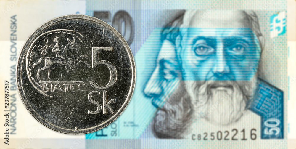 5 slovak koruna coin against 50 slovak koruna banknote obverse Stock ...