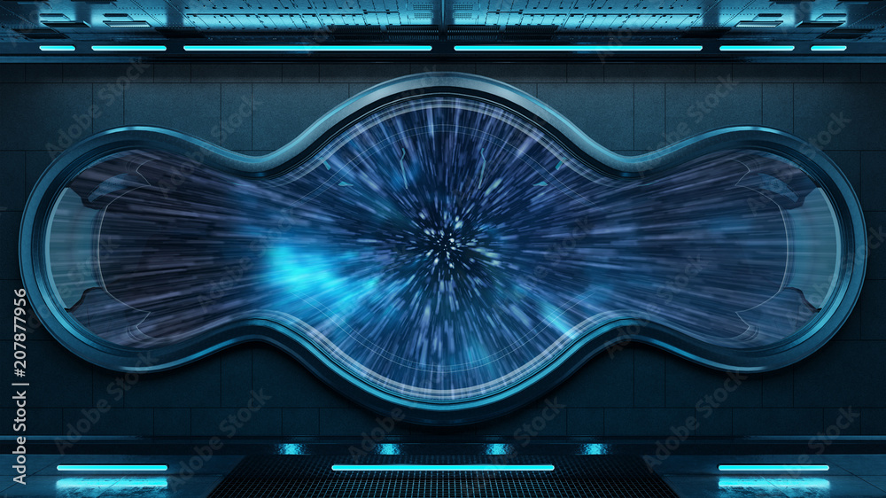 Black tech spaceship round window interior background 3D rendering ...