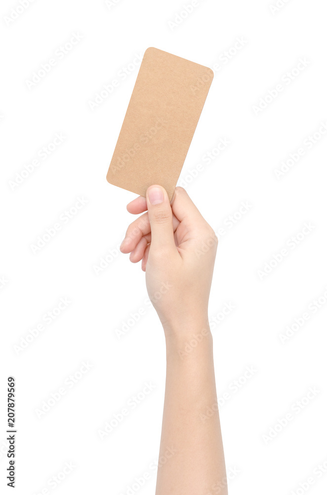 Hand showing a brown card isolated on white background with clipping ...