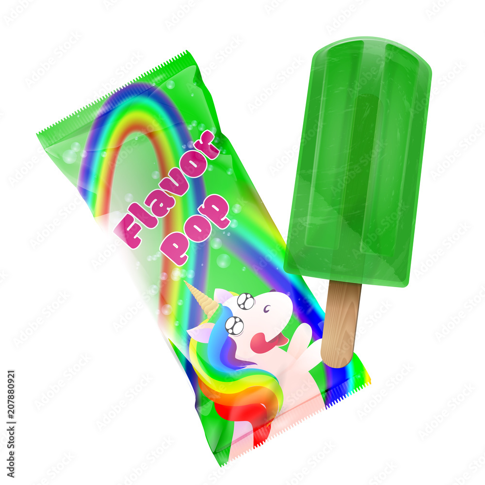 Flavor pop ice cream with packaging design. Plastic foil pack green ...