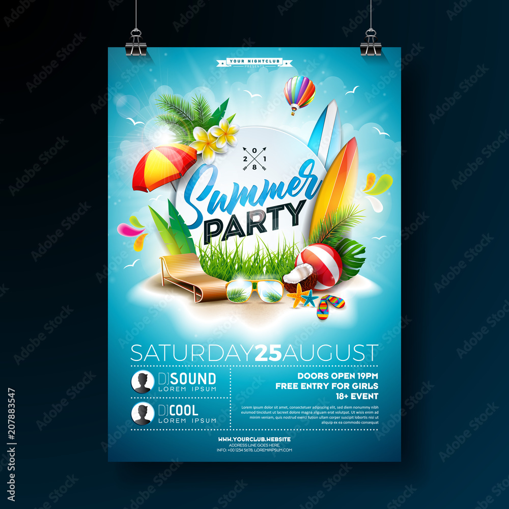 Vector Summer Beach Party Flyer Design with typographic elements on ...