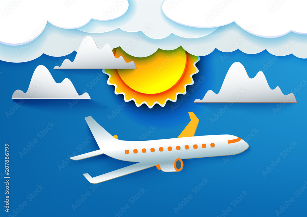 Airplane aerial view paper art cut out on blue sky background with sun ...