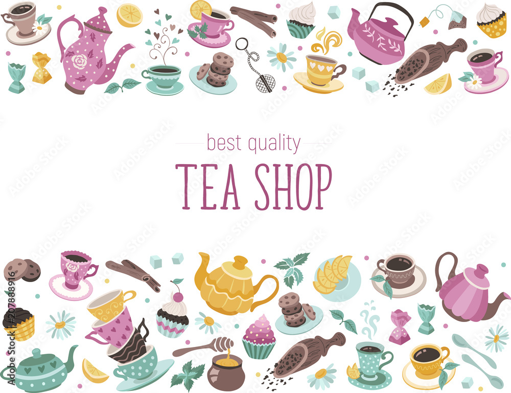 Tea time poster concept. Tea party card design. Hand drawn doodle ...