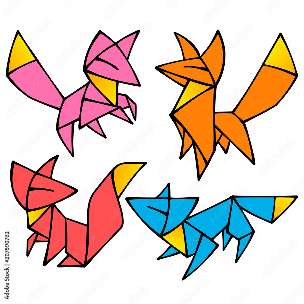 Vector origami cute Fox set. Paper geometric abstract symbol of animal ...