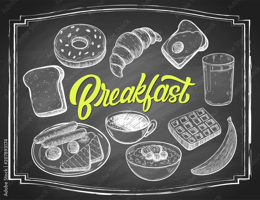 Hand drawn breakfast food with custom lettering, black and white draft ...