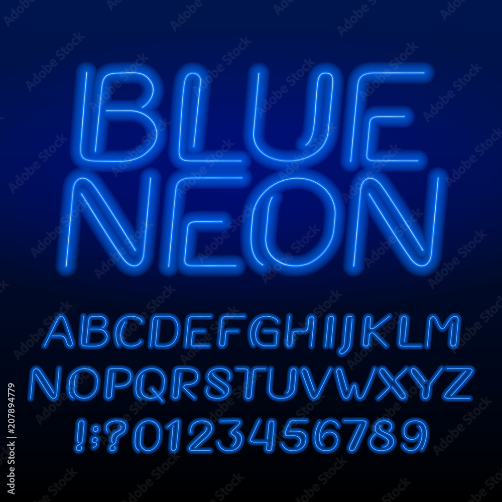 Neon tube alphabet font. Neon color oblique letters and numbers. Retro ...