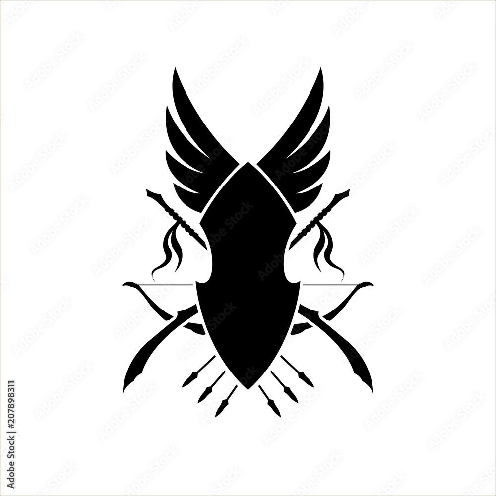 Games heraldic sign of elfs. Medieval coat of elven arms with a bow and ...