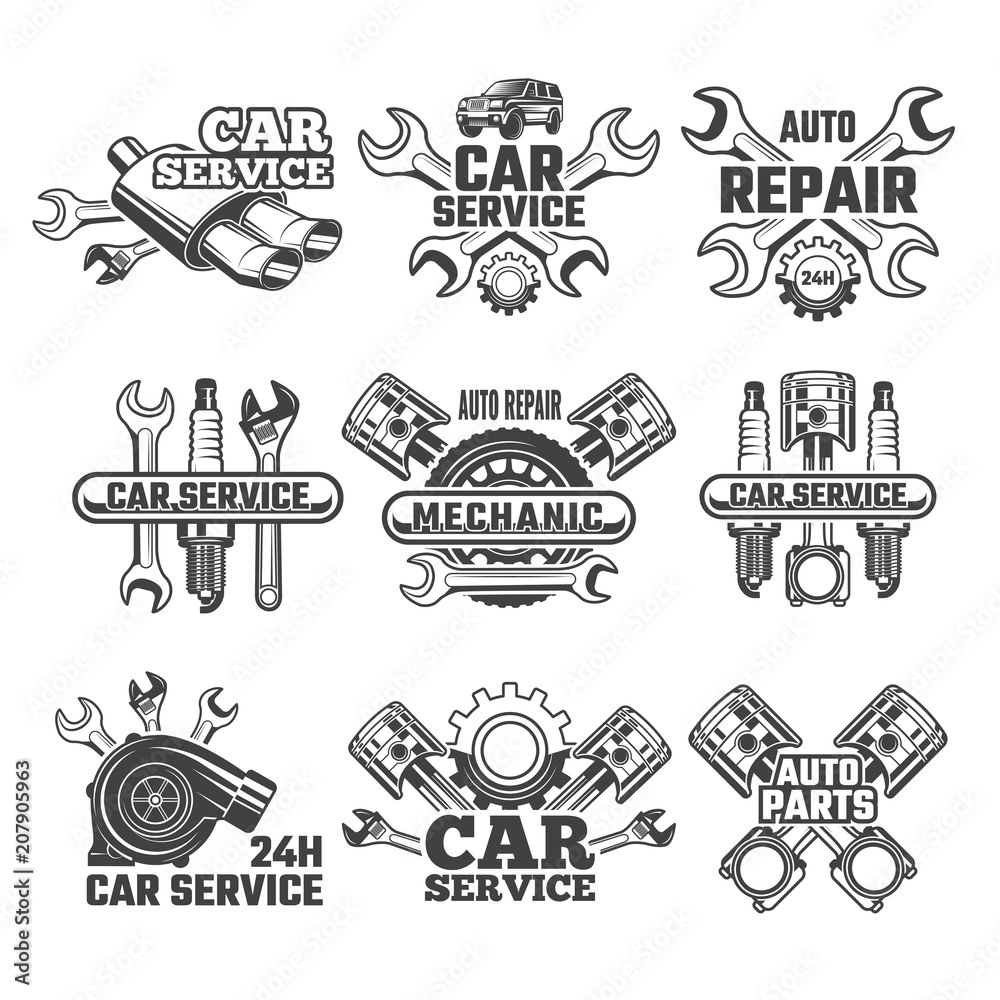 Vintage labels set with illustrations of automobile tools Stock Vector ...
