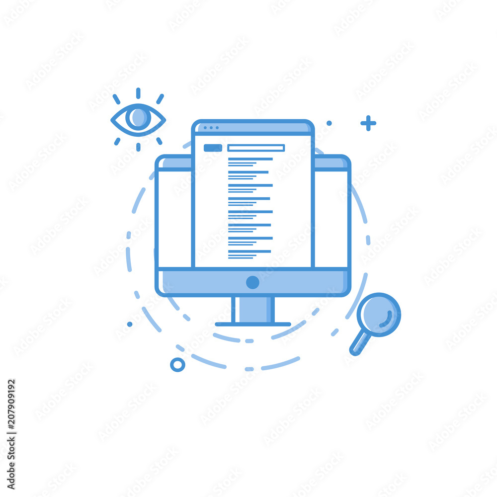 Vector business illustration of blue colors desktop computer, web site ...