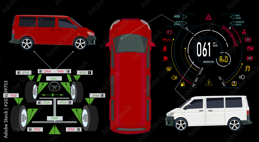 Car service. Bus. Digital automotive dashboard of a modern car. Graphic ...