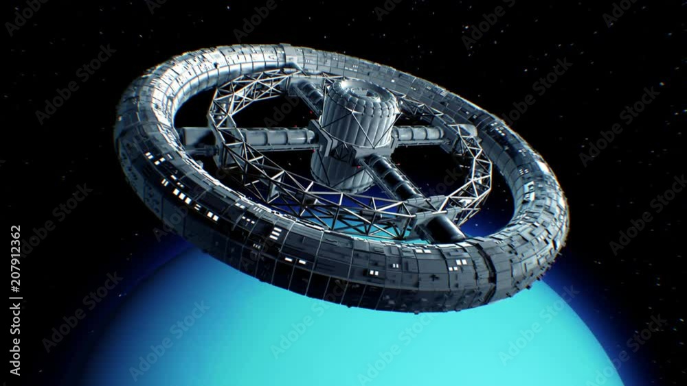 Circular space station. Giant sci-fi torus rotate on Uranus background ...